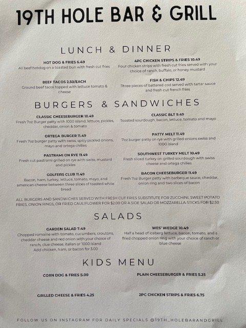 Menu at 19th Hole Bar & Grill, Needles