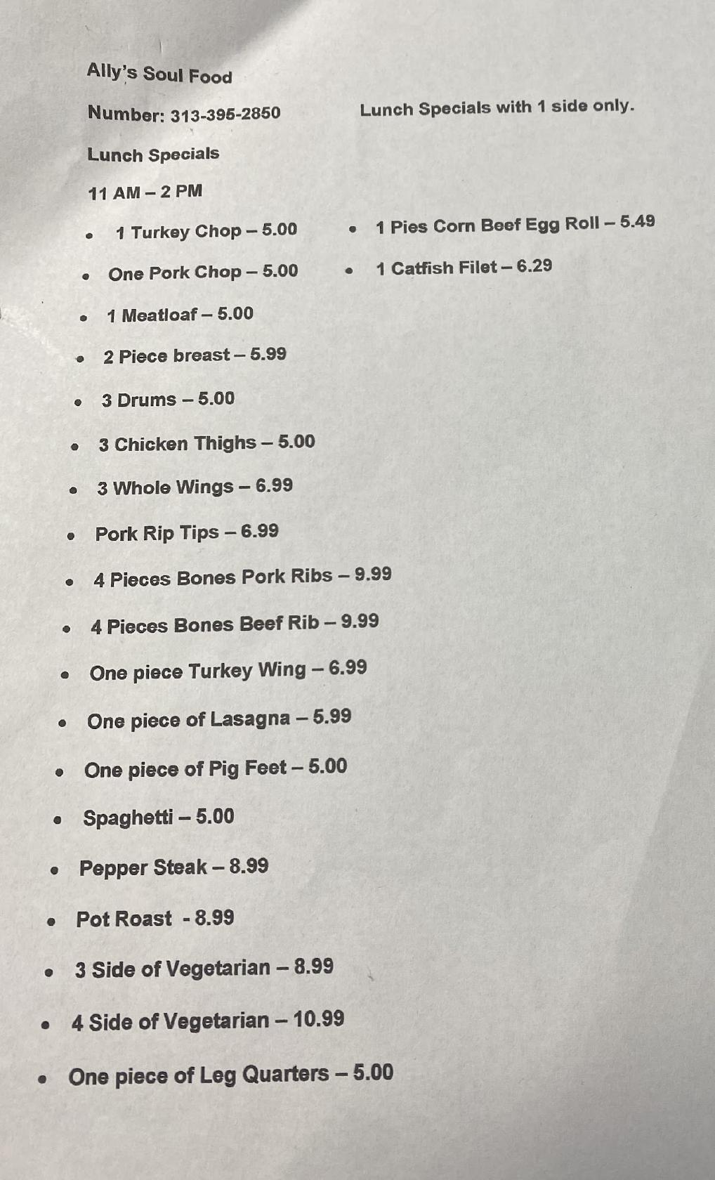 Menu at Als Soul Food restaurant, Detroit