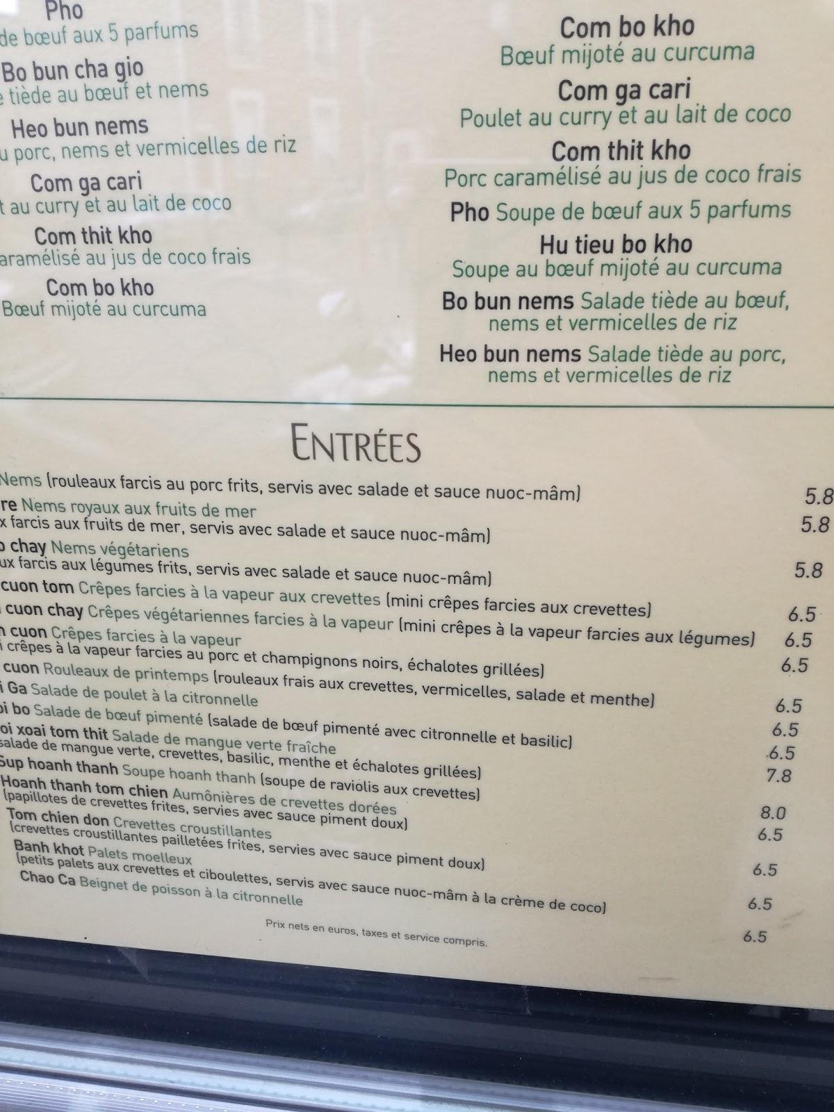 Menu at Au Soleil du Vietnam restaurant, Saint-Ouen