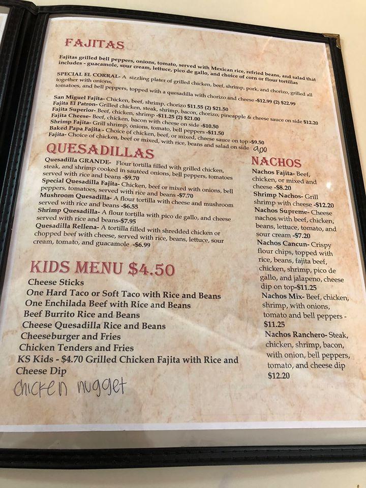Carta del restaurante El corral, Plantersville