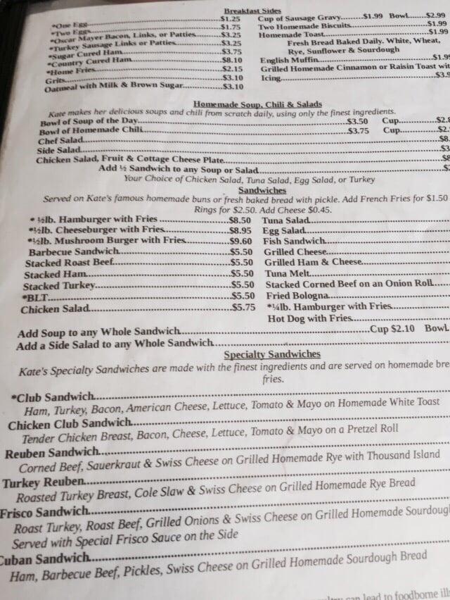 Menu at Kate's Kitchen restaurant, Flat Rock