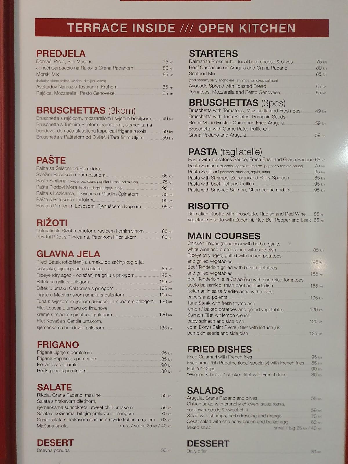 Menu at L'Osteria 12 Restaurant & Bar, Zadar