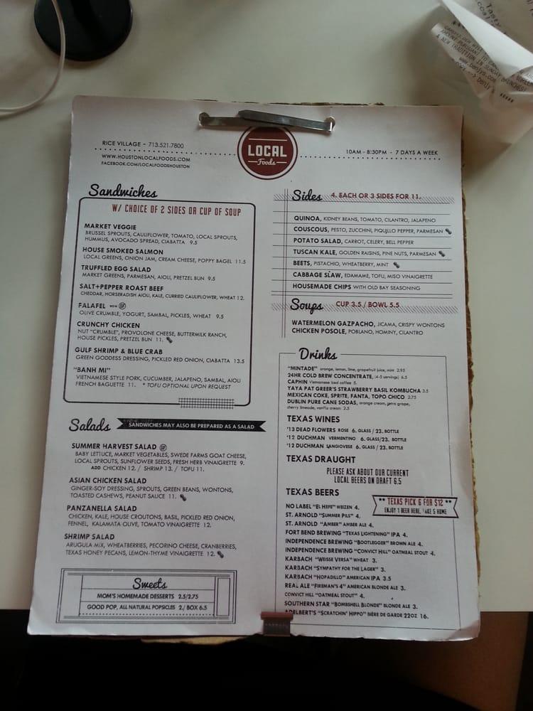 Menu at Local Foods - Rice Village restaurant, Houston