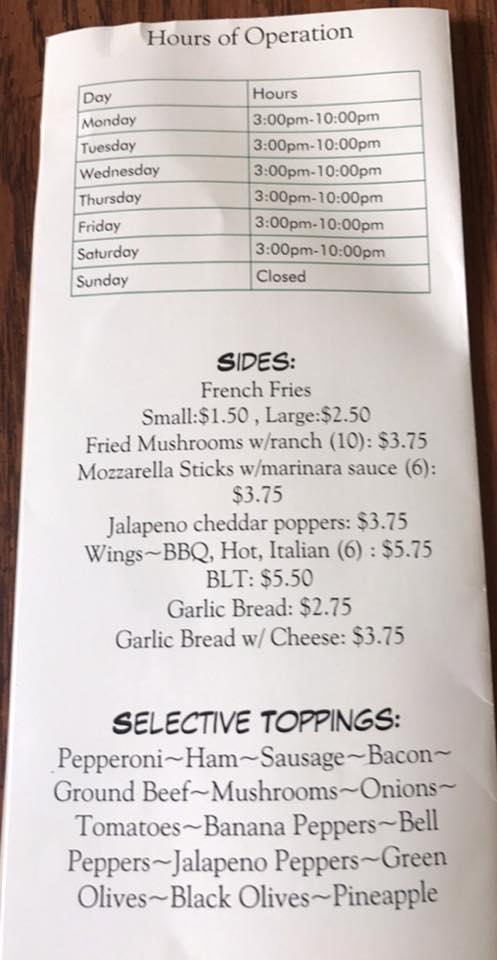 Menu at Paps Pizza restaurant, Tarlton