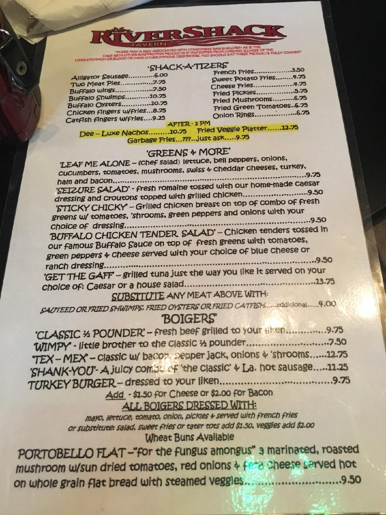 Menu at Rivershack Tavern pub & bar, Jefferson, River Rd