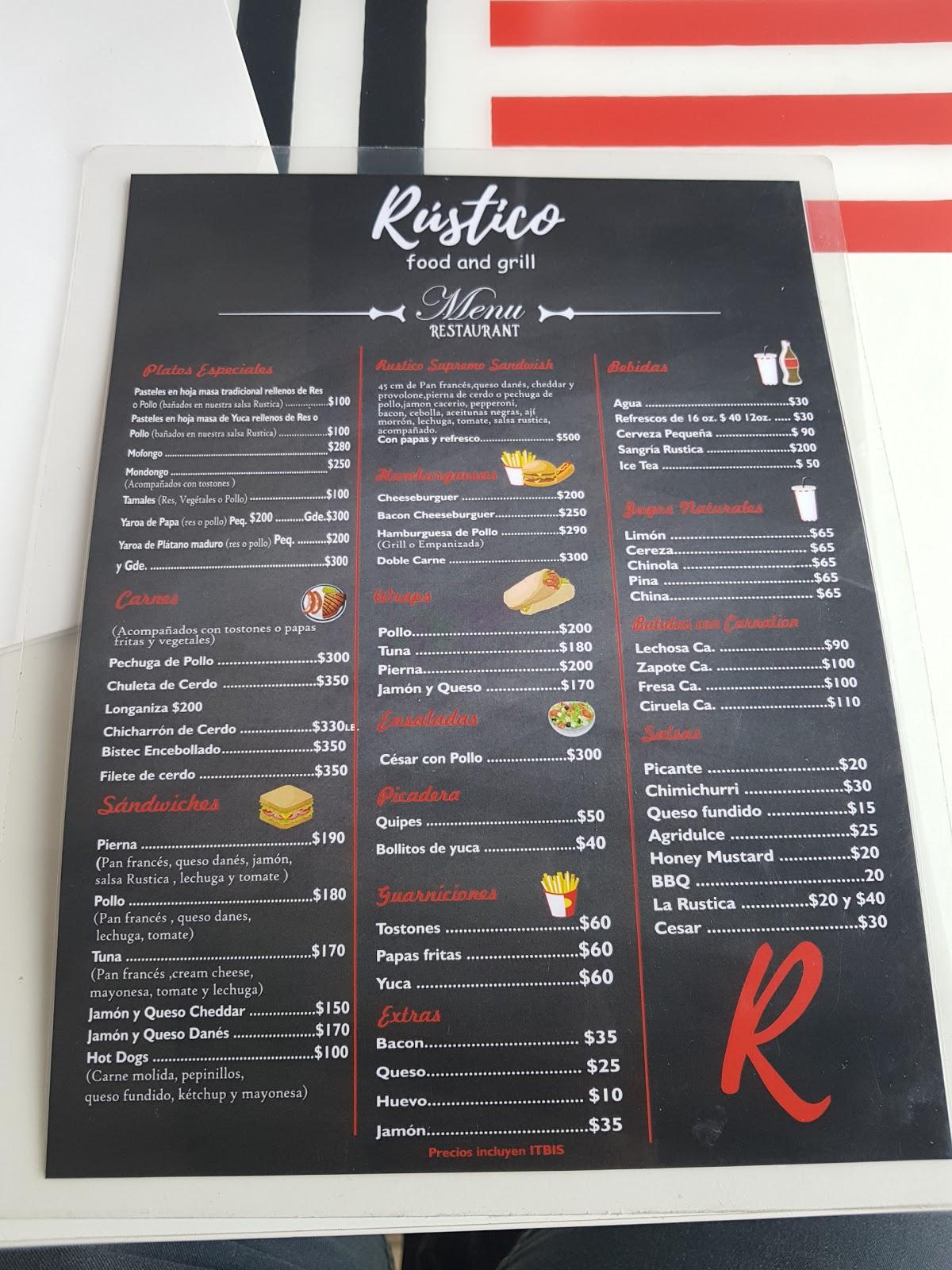 Menu at Rústico food and grill restaurant, Santo Domingo