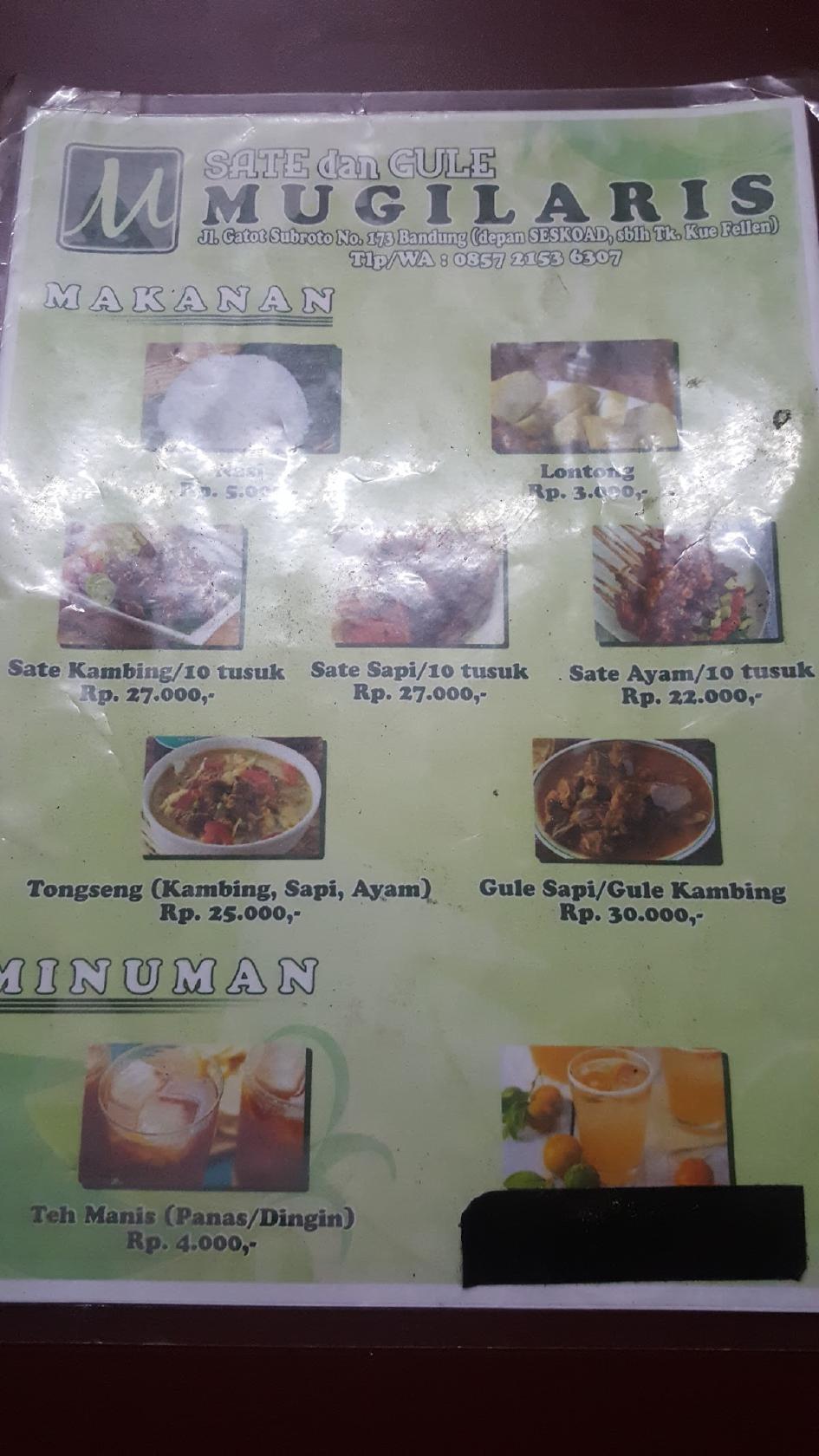 Menu at Sate & Gule Mugilaris restaurant, Bandung