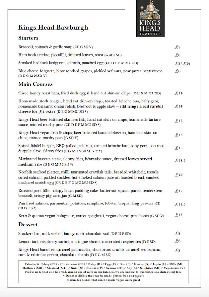 Menu at Kings Head Bawburgh restaurant, Bawburgh, Harts Ln