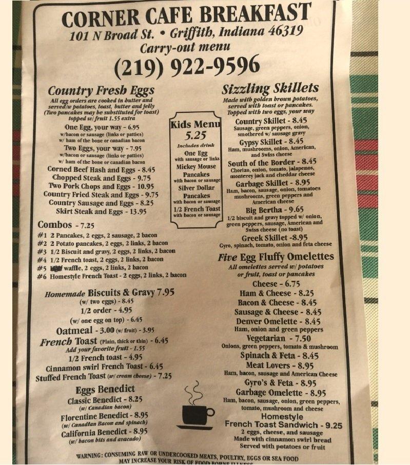 Menu at Corner Cafe, Griffith