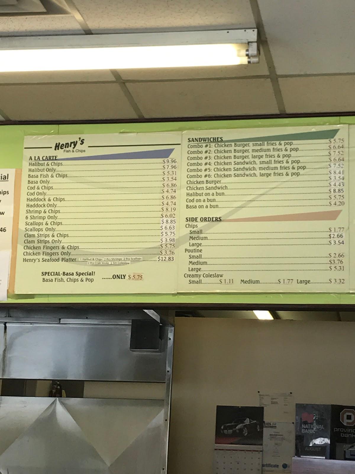 Menu at Henry's Fish & Chips restaurant, Mississauga, 833 Westlock Rd