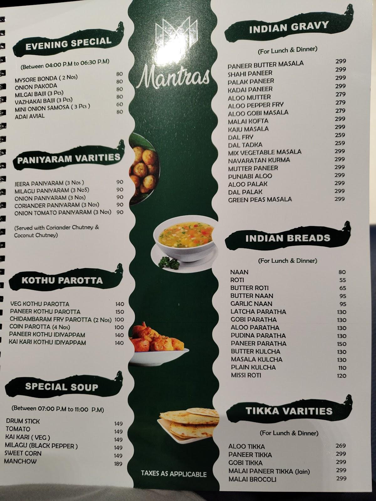 Menu at Mantras Pure Veg Restaurant, Chennai