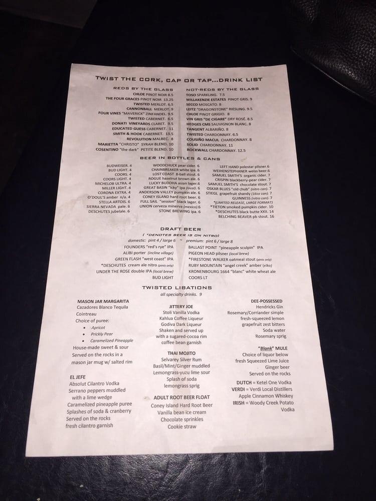 Menu at The Twisted Fork restaurant, Reno