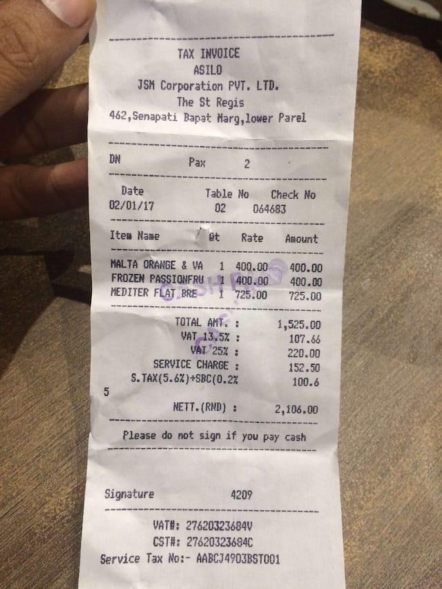 Menu at Asilo - St. Regis, Mumbai