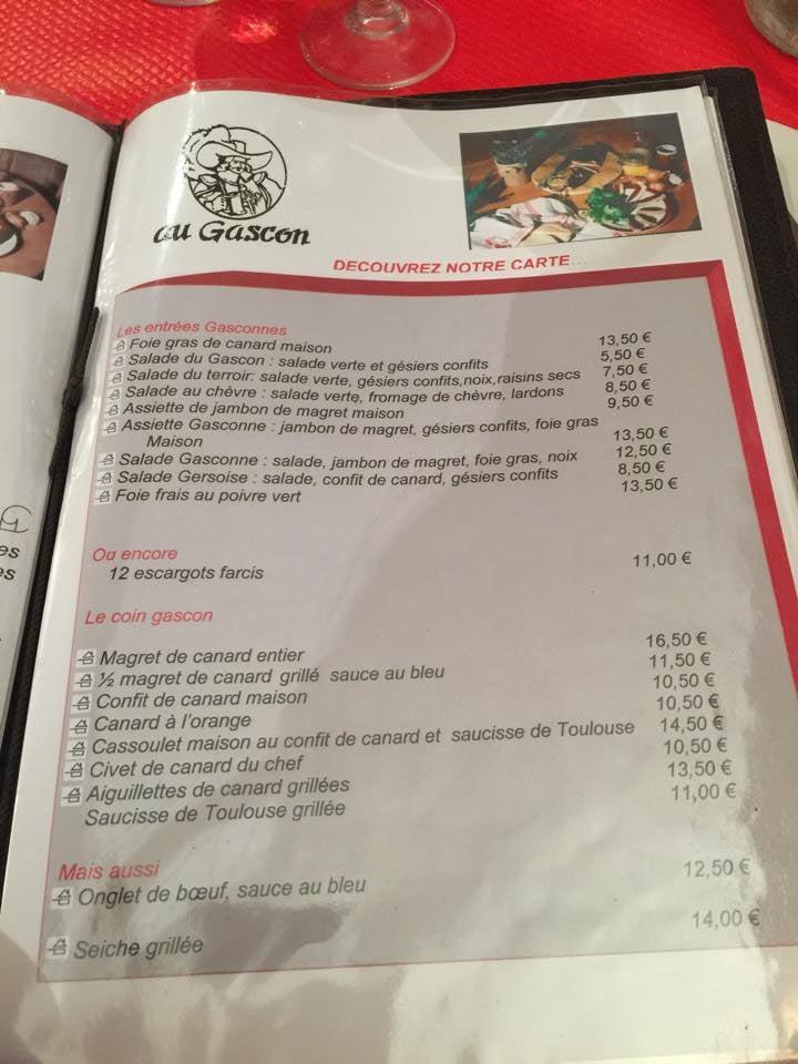 Menu au Au Gascon restaurant, Toulouse, 9 Rue des Jacobins