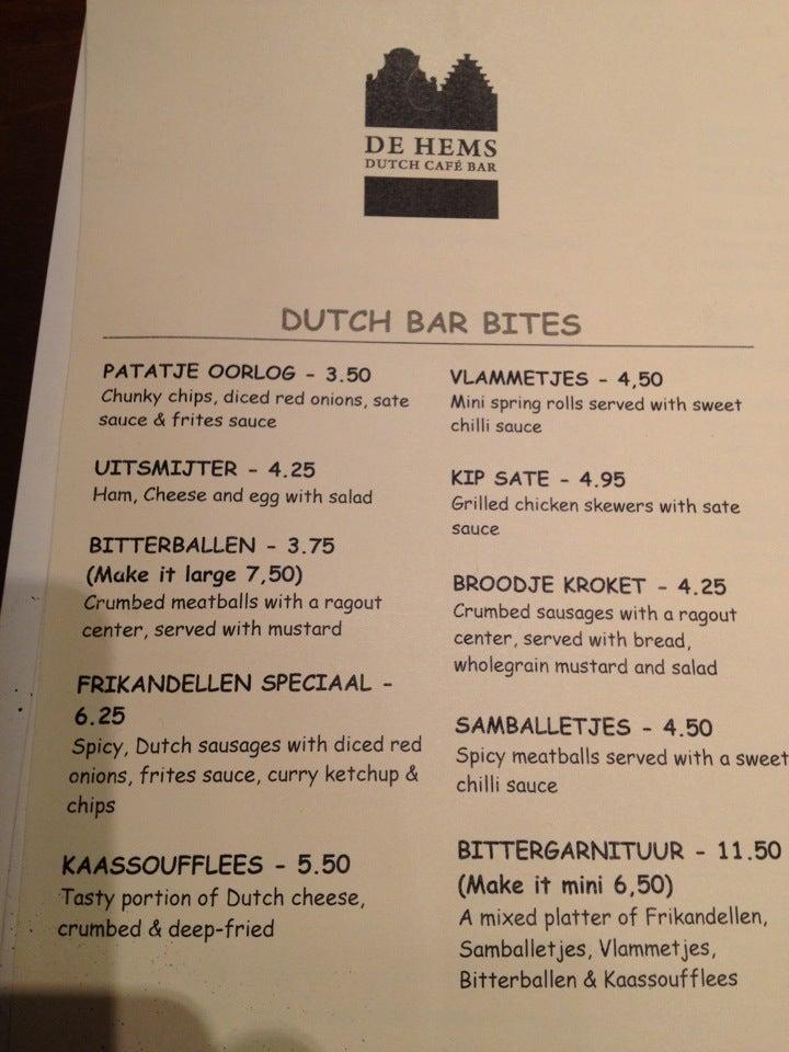 Menu at De Hems Dutch Cafe Bar, London