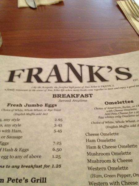 Menu at Frank's Restaurant, Ann Arbor