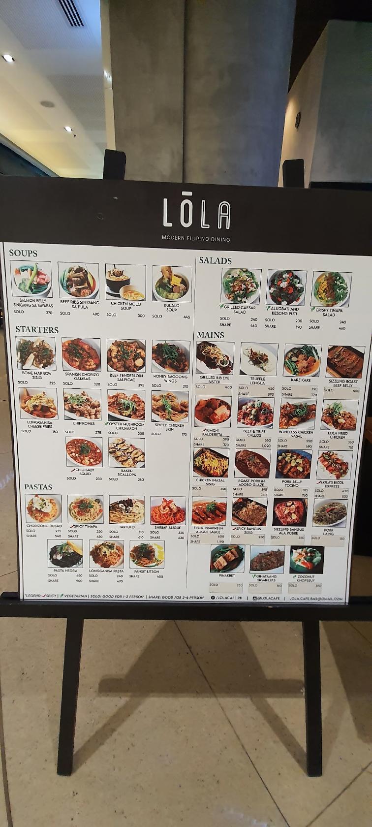 Menu at Lola restaurant, Pasay, Seaside Boulevard