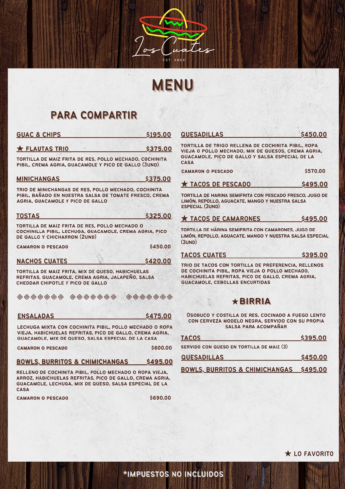 Menu at Los Cuates restaurant, Puerto Plata
