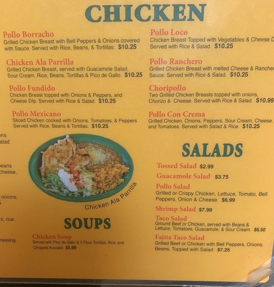 Menu at Mariachi's restaurant, Sumter