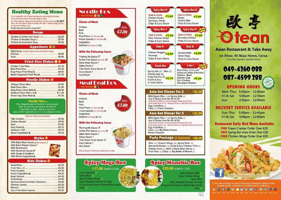Menu at Otean Asian Restaurant & Takeaway, Cavan