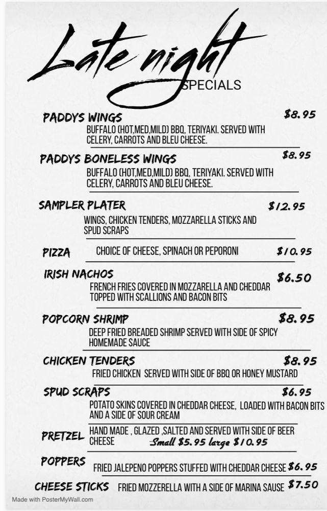 Menu at Paddy Power Pub, Merrick