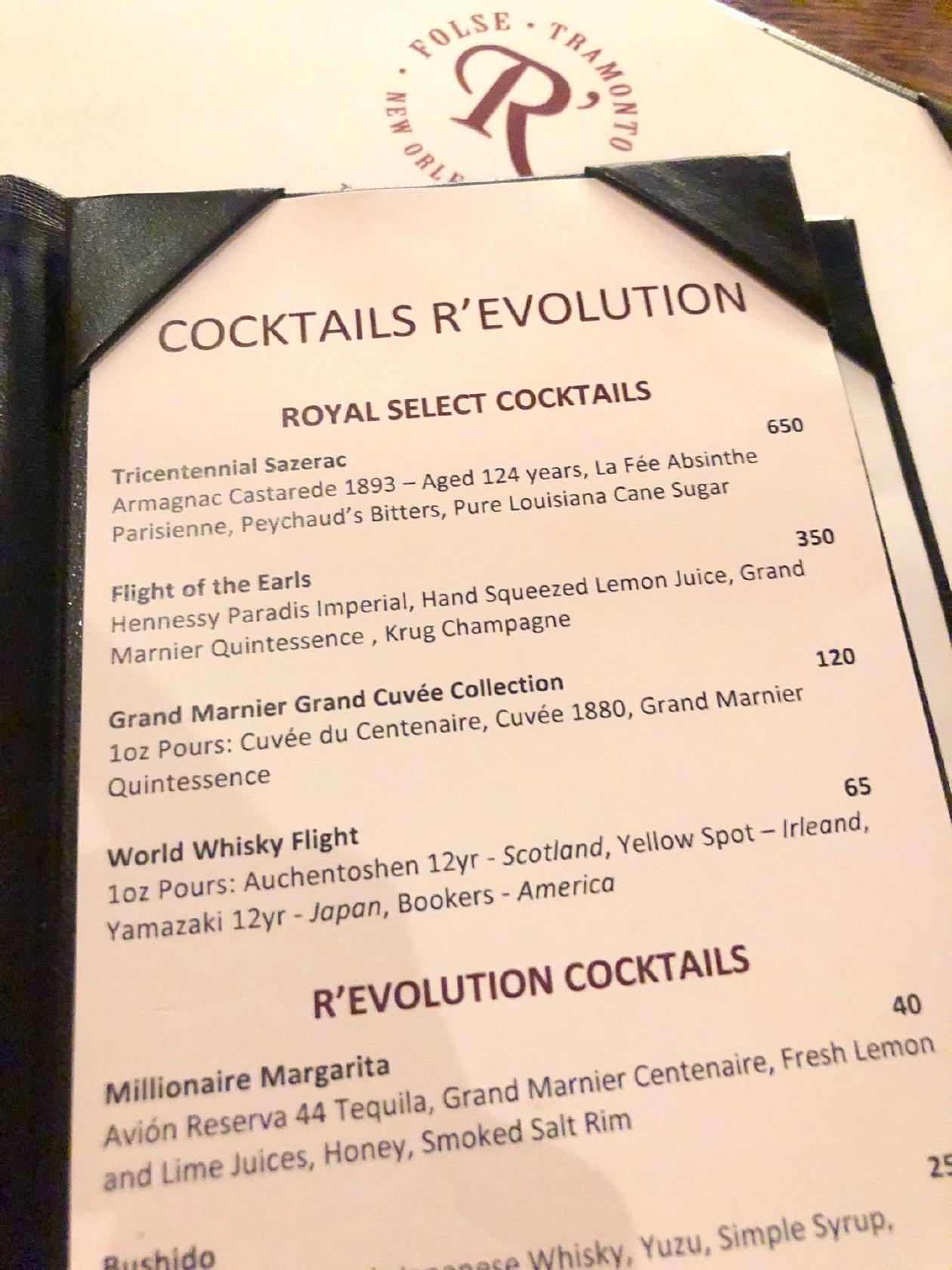 Menu at Restaurant R'evolution, New Orleans