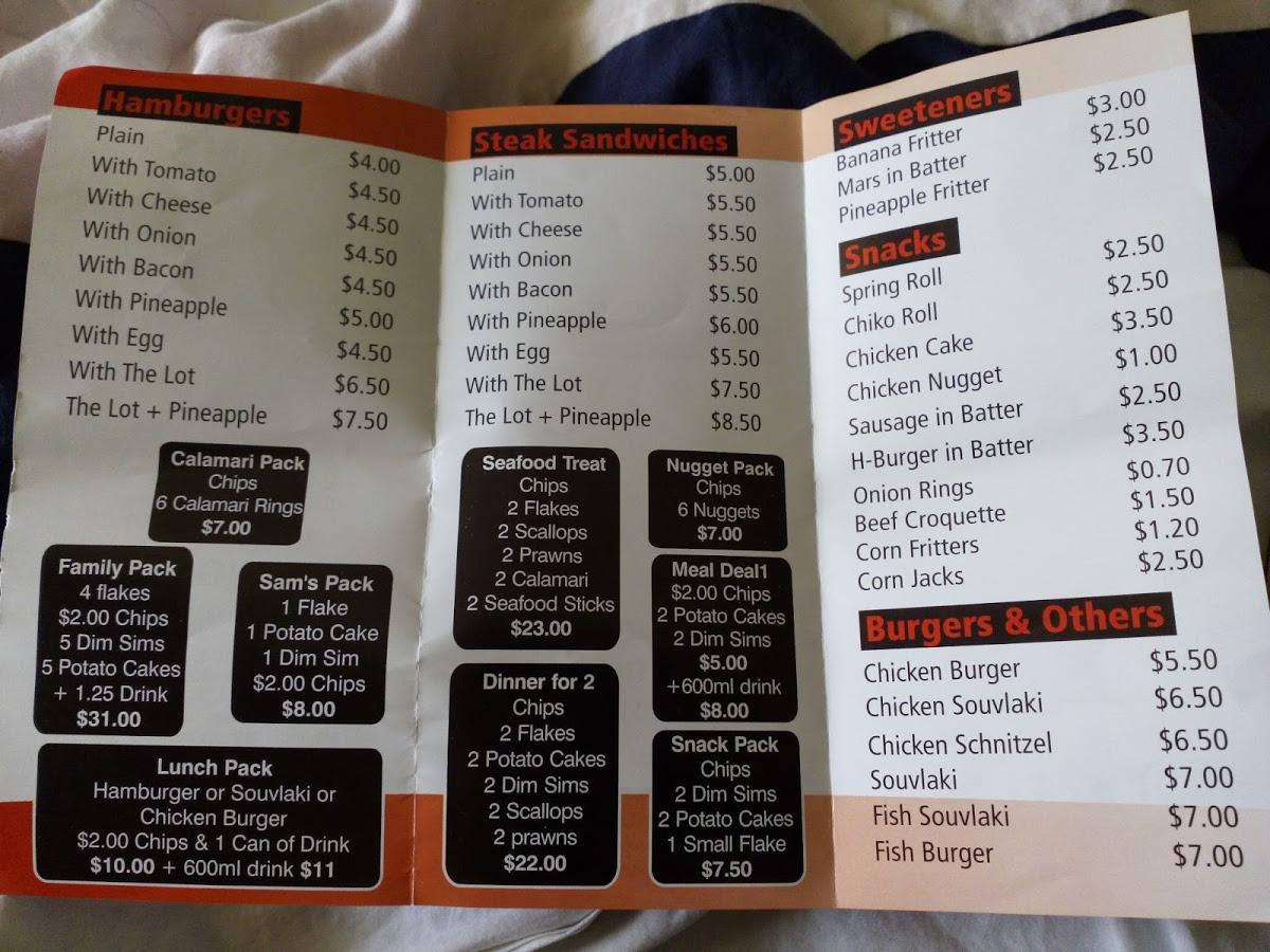 Menu at Sams Fish And Chips restaurant, Werribee