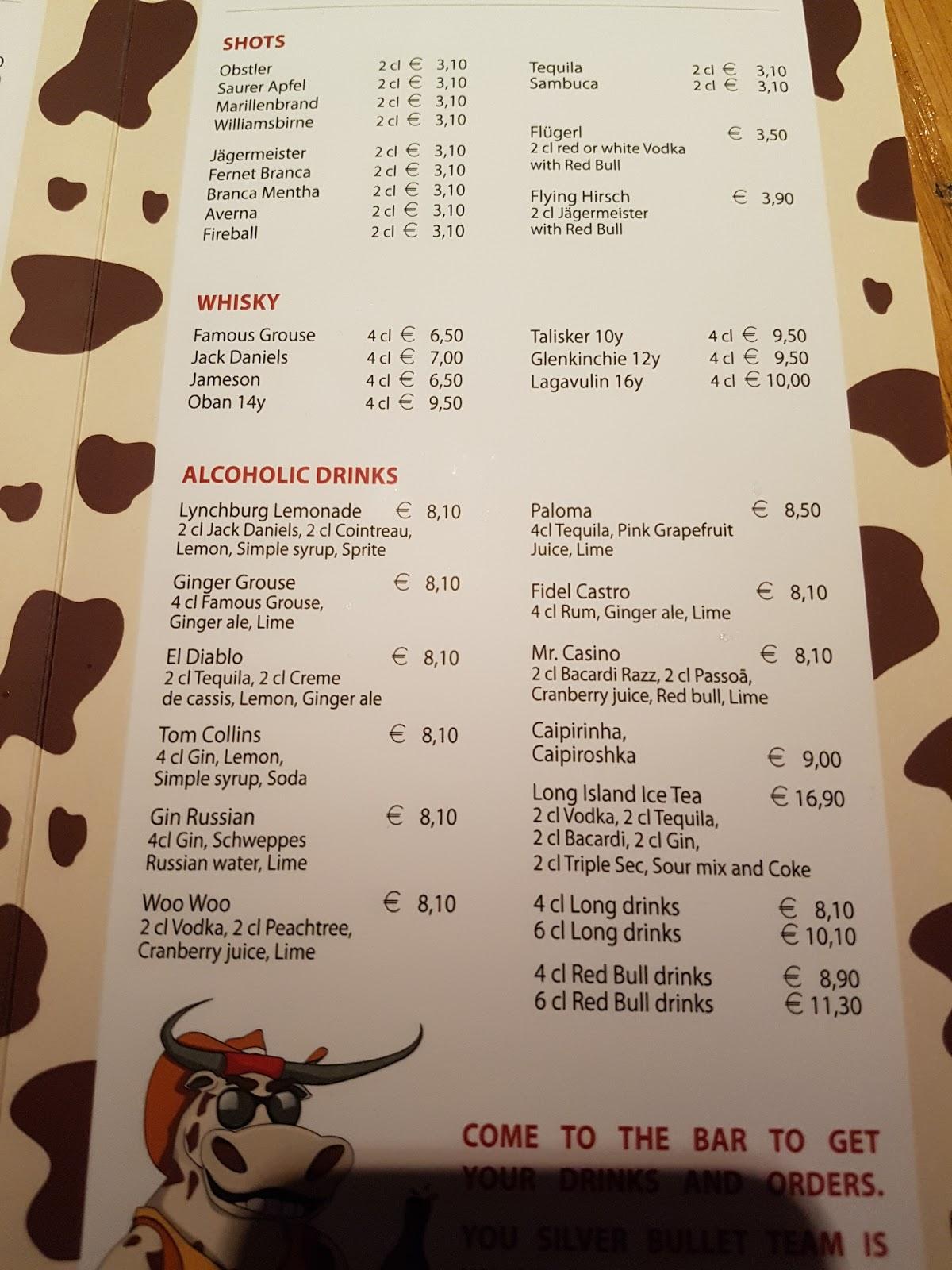 Menu at Silver Bullet Bar, Badgastein