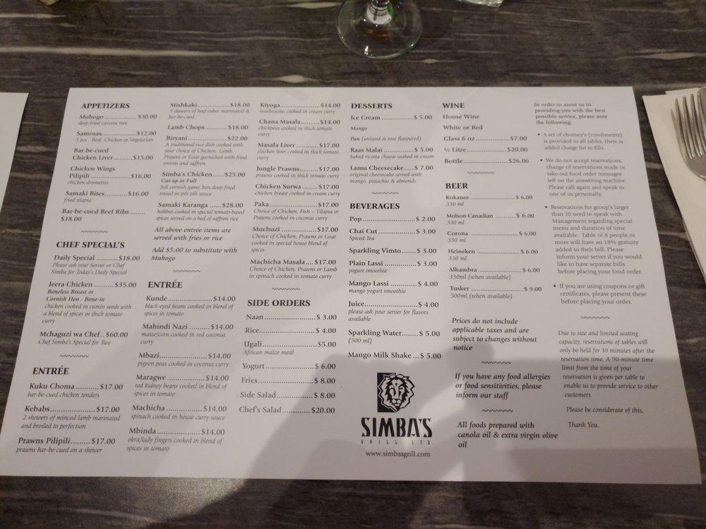 Menu at Simba's Grill restaurant, Burnaby, Boundary Rd