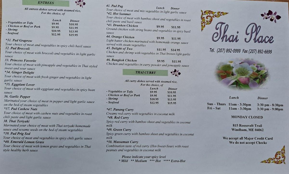 Menu at Thai Place restaurant, Windham