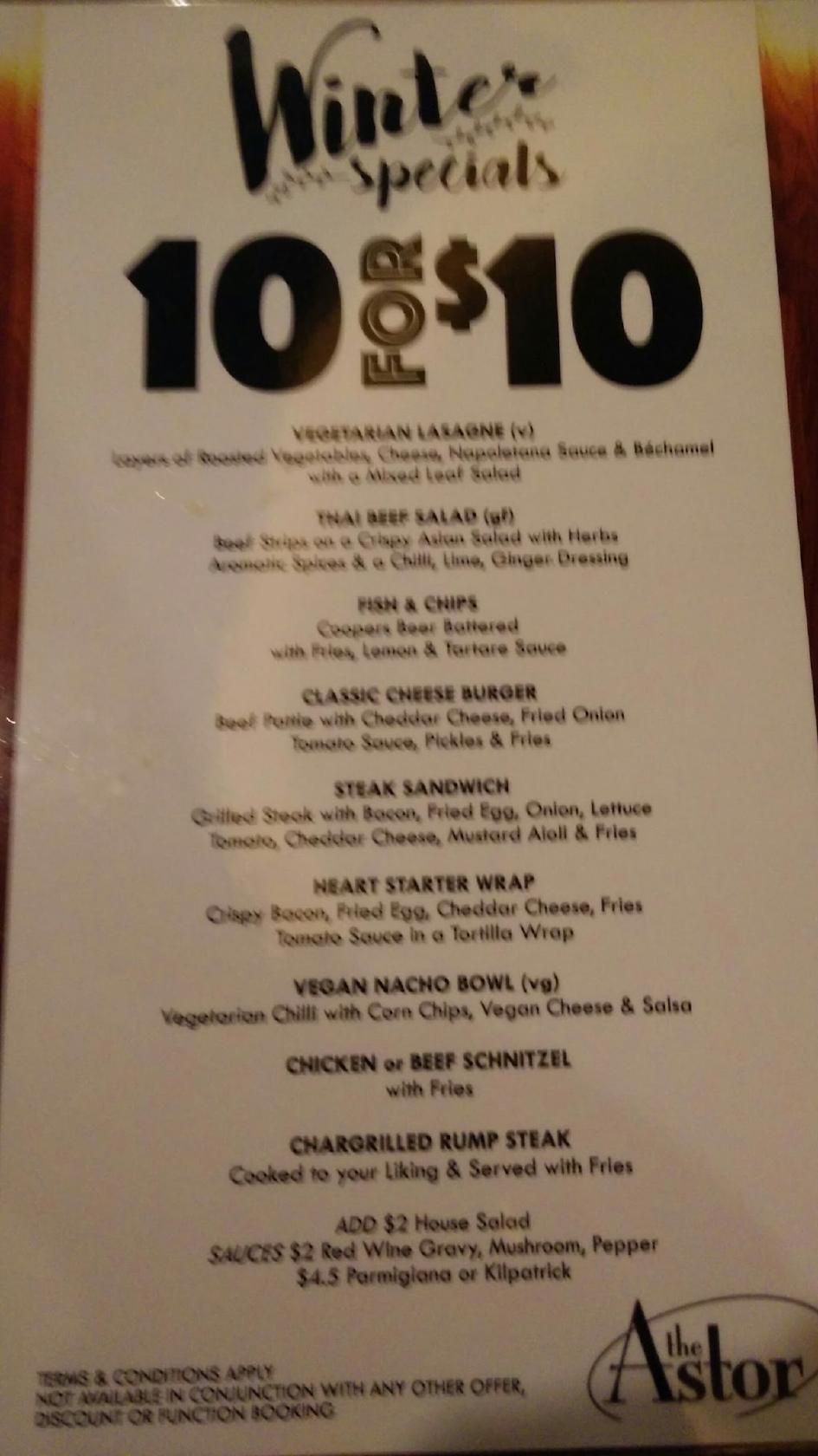 Menu at The Astor Hotel restaurant, Adelaide