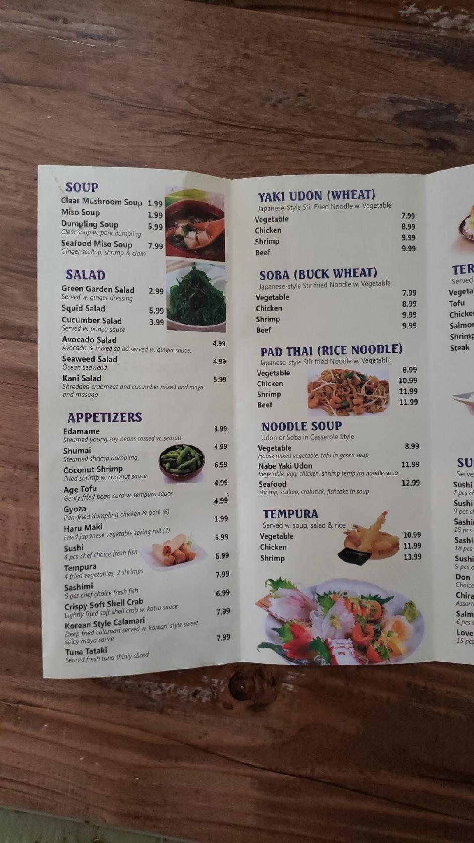 Menu at Tokyo Habachi and sushi restaurant, Washington