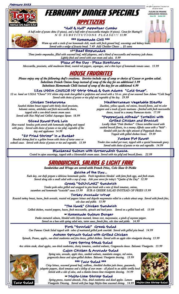 Menu at Tops American Grill, Bakery & Bar, Schenectady