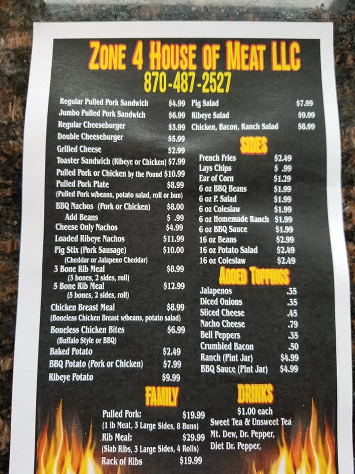 Menu at Zone 4 House of Meat restaurant, Tyronza
