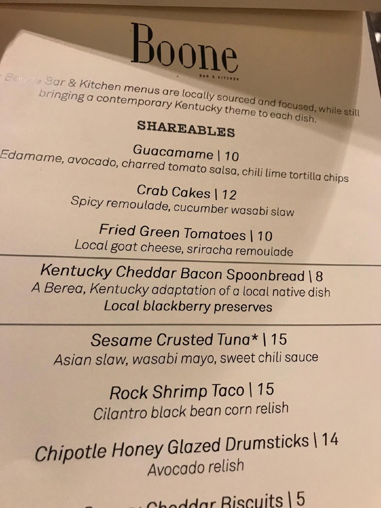 Menu at Boone Bar & Kitchen, Hebron