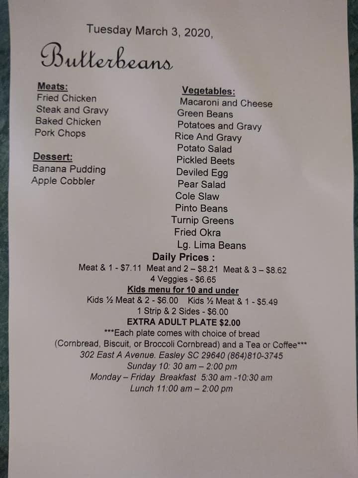 Menu at Butterbeans Restaurant, Easley
