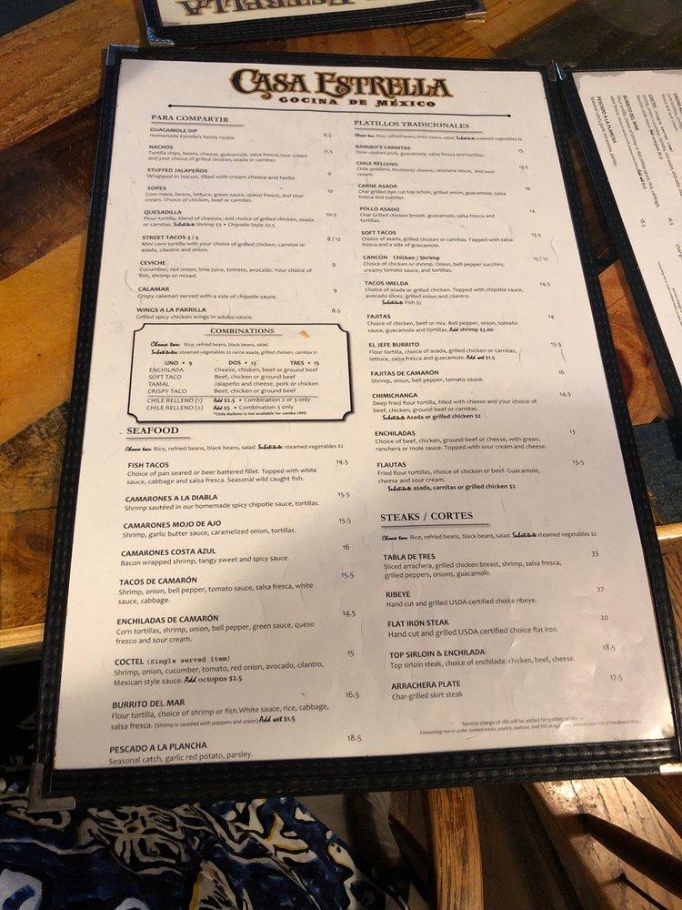 Carta del restaurante Casa Estrella, Fallbrook