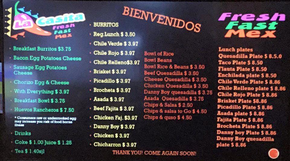 Menu at La Casita restaurant, Sunray