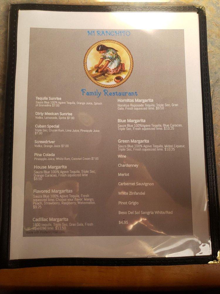 Menu at Mi Ranchito restaurant, Durango