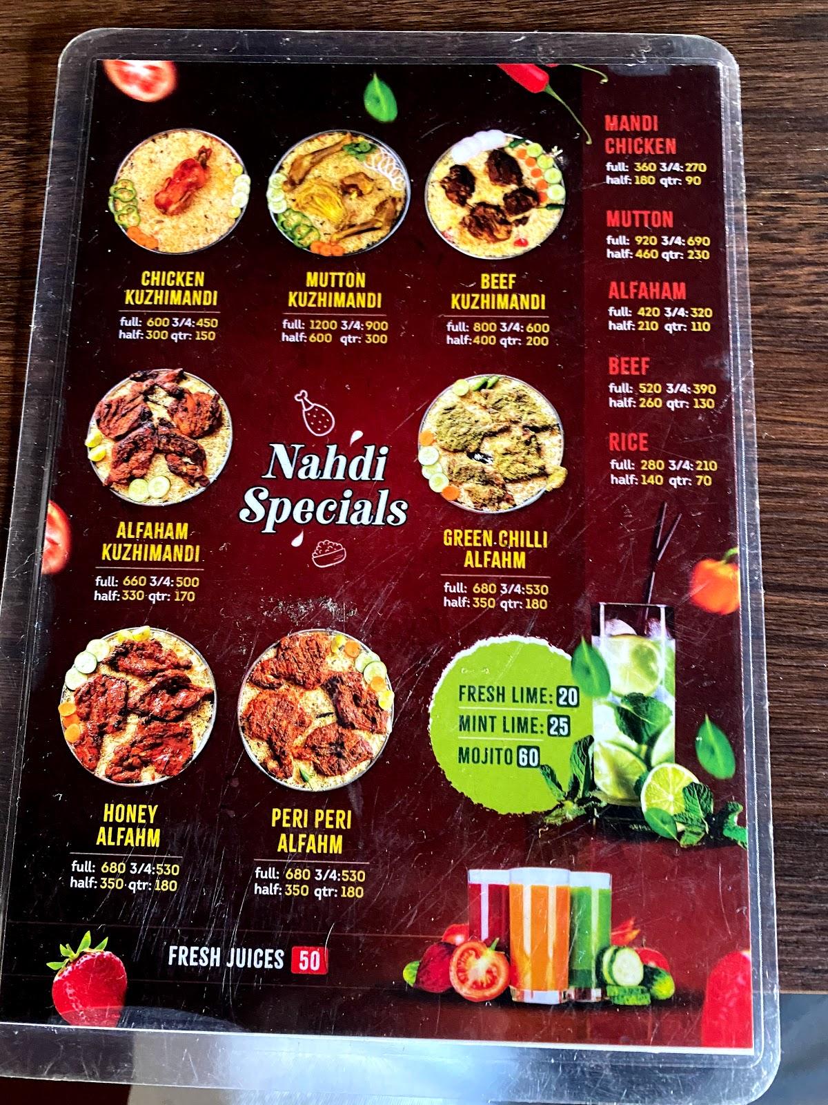 Menu at Nahdi Kuzhimandhi, Perintalmanna