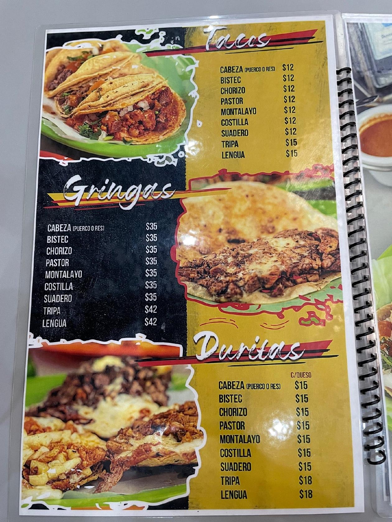 Menu at Tacos El Chato Sánchez restaurant, Celaya