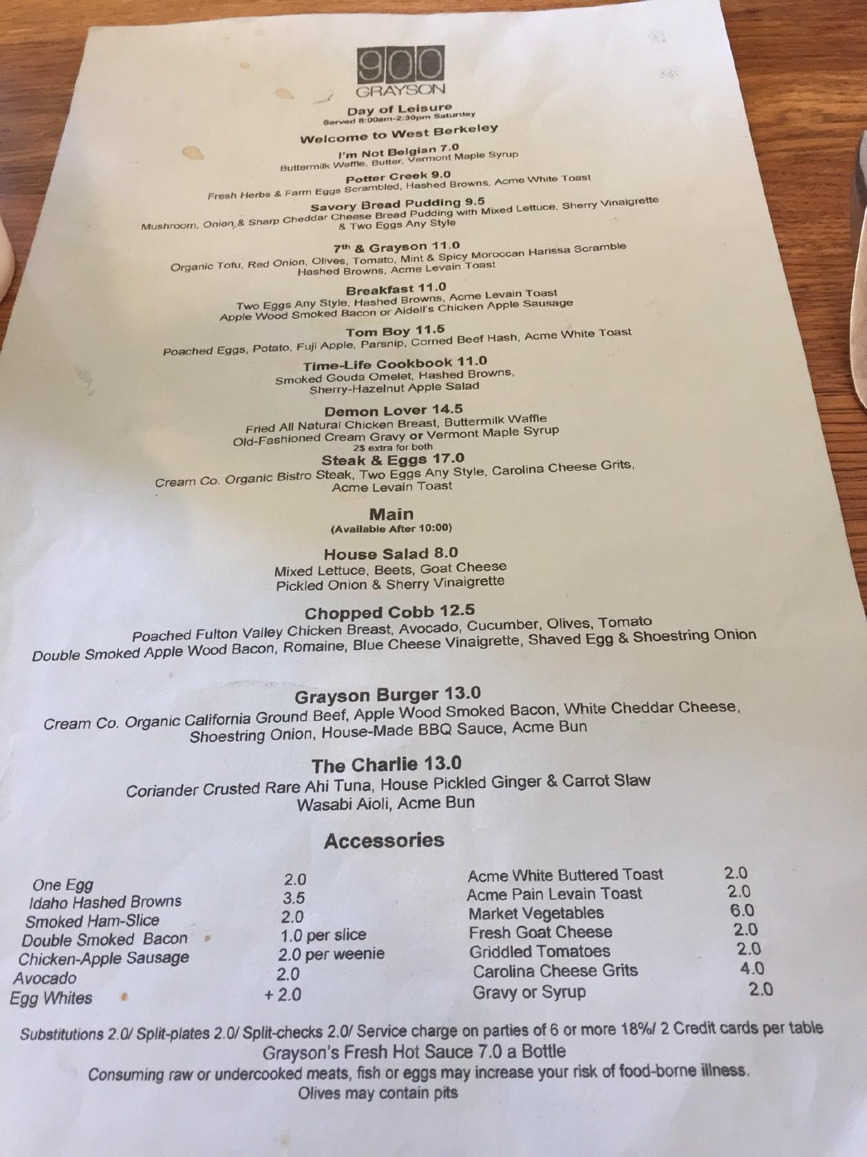 Menu at 900 Grayson restaurant, Berkeley