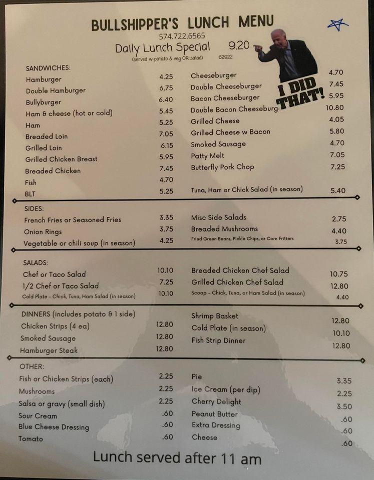 Menu at Bullshipper’s Cafe, Logansport, 830 E Main St