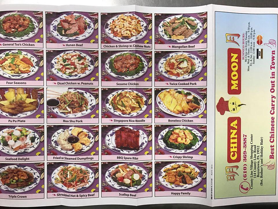 Menu at China Moon restaurant, Boyertown, 114 County Line Rd