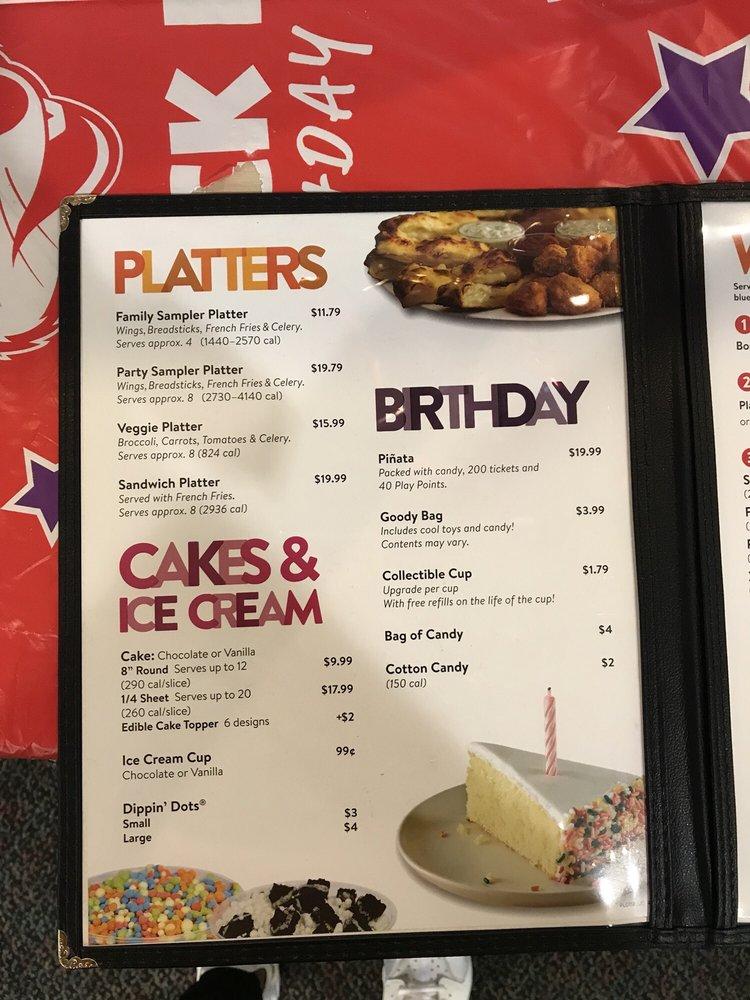 Menu at Chuck E. Cheese pizzeria, Vancouver
