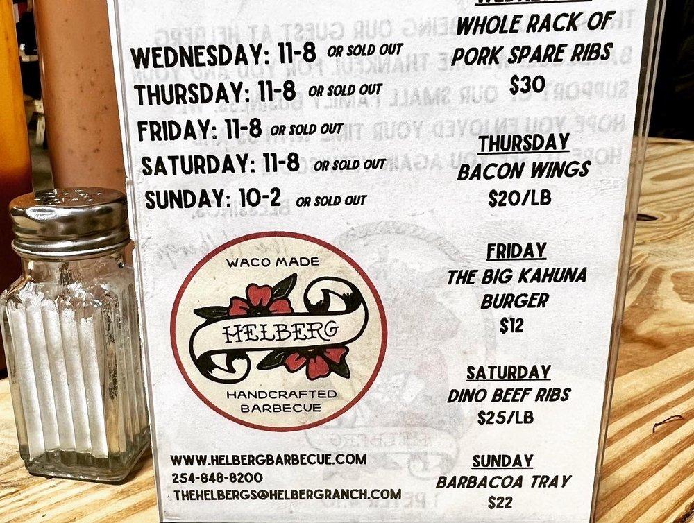 Menu at Helberg Barbecue, Waco, Hwy 6