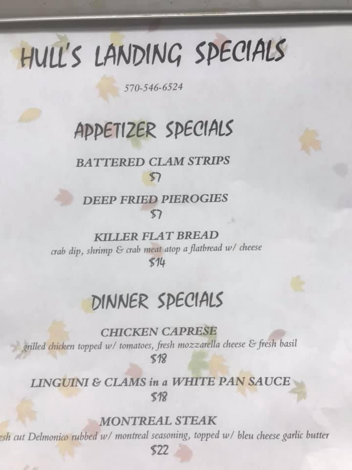 Menu at Hull's Landing pub & bar, Muncy