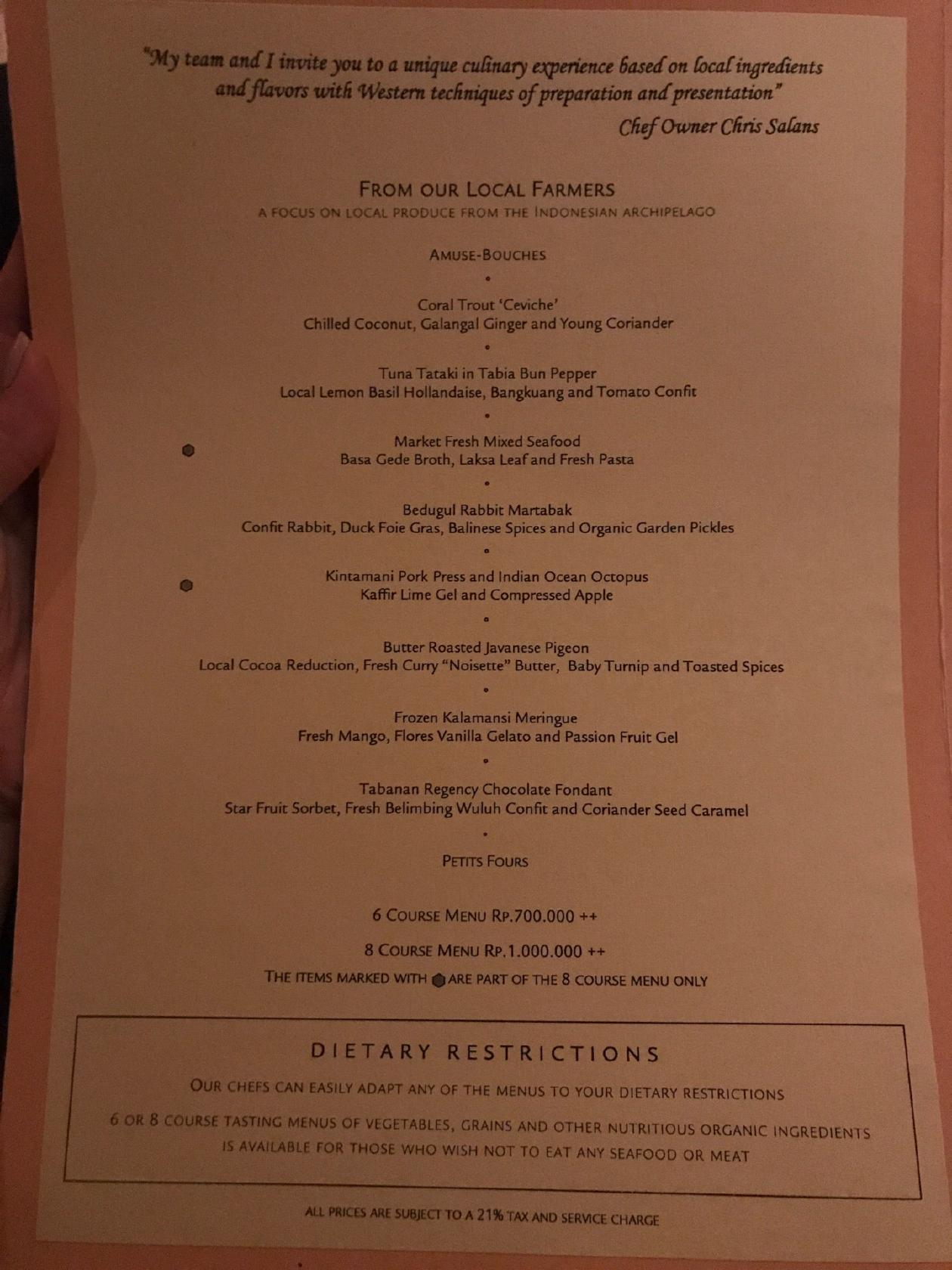 Menu at Mozaic restaurant, Ubud
