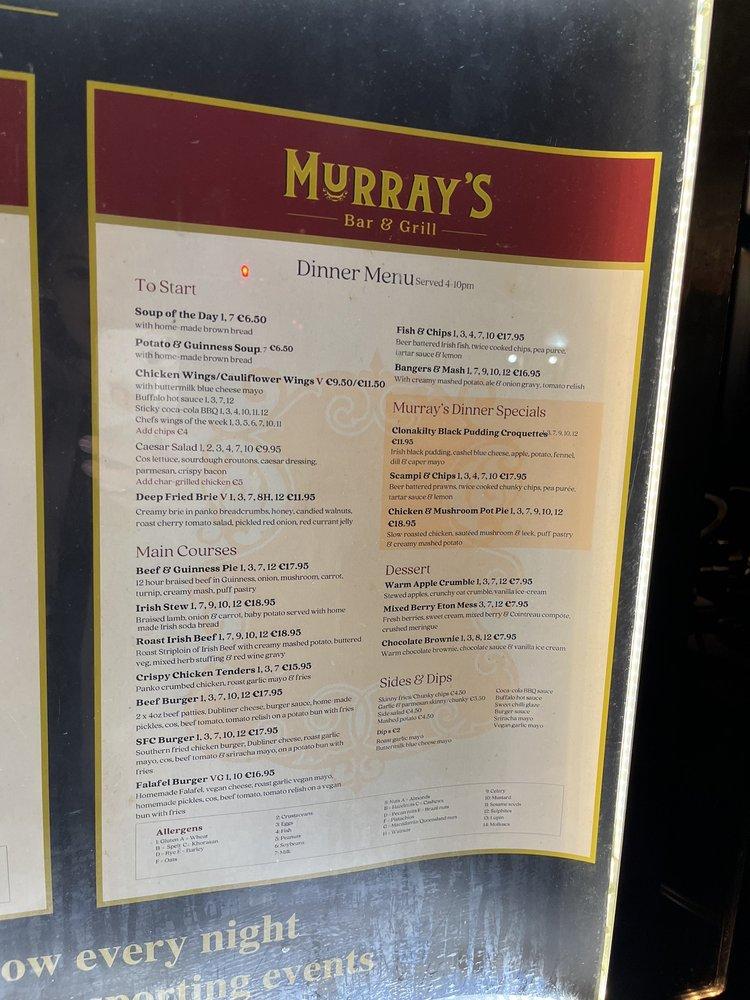 Menu at Murray’s Bar, Dublin, 33-34 O'Connell Street Upper