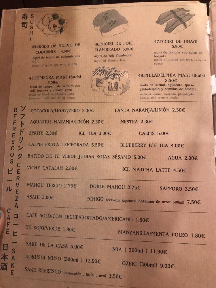 Carta de Ninja Ramen Restaurante, Madrid